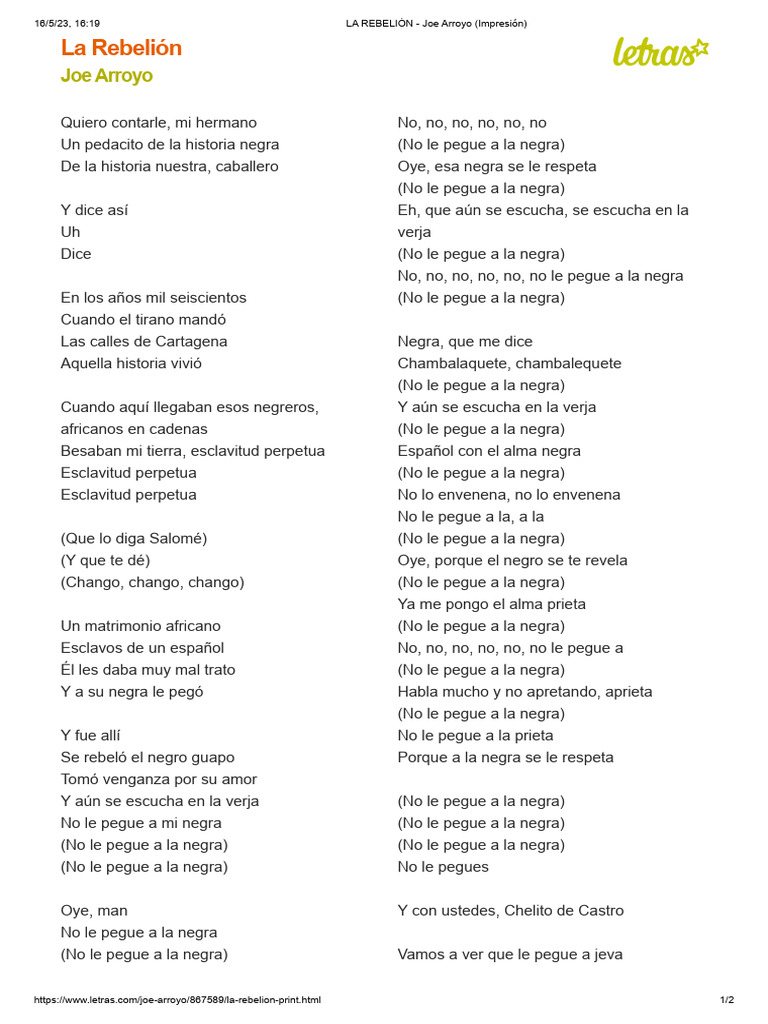 LA REBELIÓN - Joe Arroyo (Impresión) | PDF | Esclavitud | Trabajo no libre