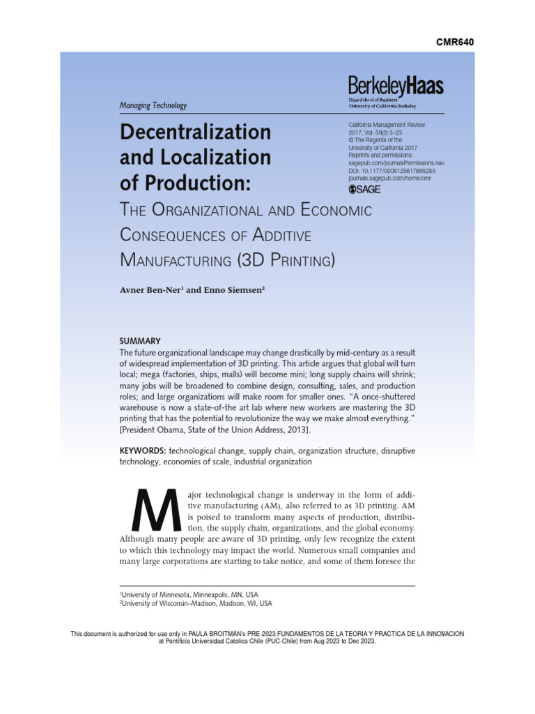 Decentralization and Localization of Production | PDF | Economies Of Scale | 3 D Printing