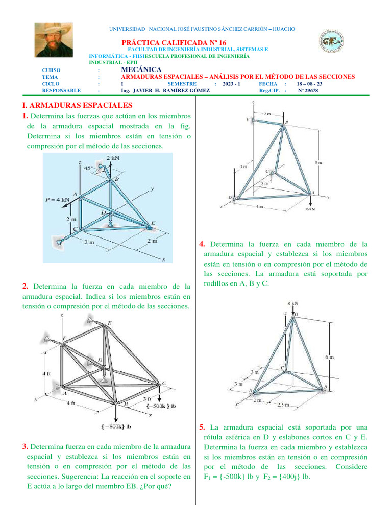 P.C. #16 - Armaduras Espaciales - Análisis Por El Método de Las Secciones | PDF | Braguero