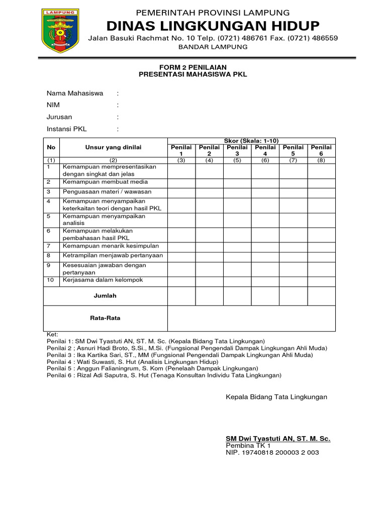 Form Penilaian Mahasiswa PKL | PDF