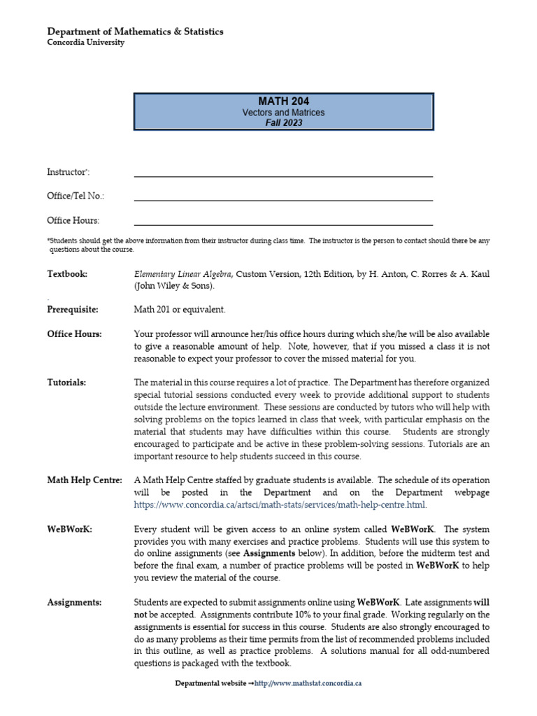 Course Outline Math 204 Fall 2023 Download Free Pdf Determinant Matrix Mathematics