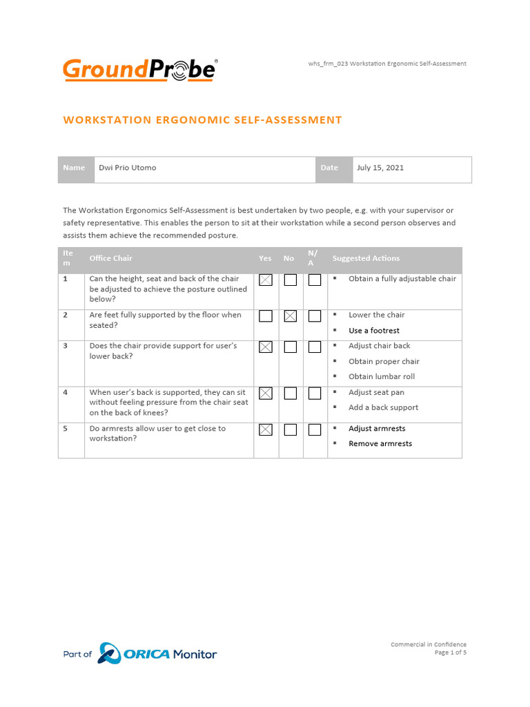 Whs - FRM - 023 Workstation Ergonomic Self-Assessment | PDF | Chair ...