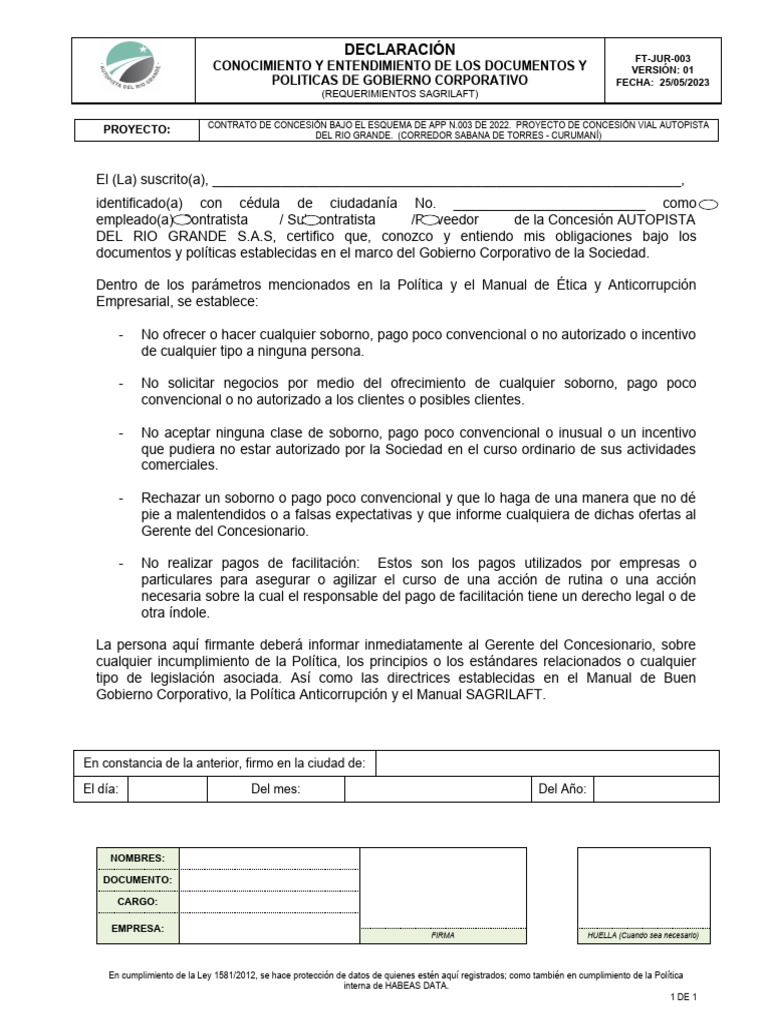 Ft-Jur-003 Declaración Sagrilaft-V-1 | PDF | Corporaciones | Corrupción ...