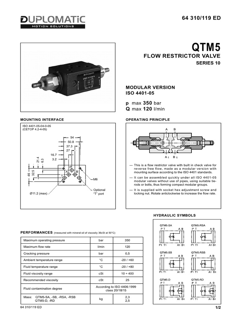 Flow Restrictor Valve QTM5 Series 10 | PDF | Valve | Viscosity