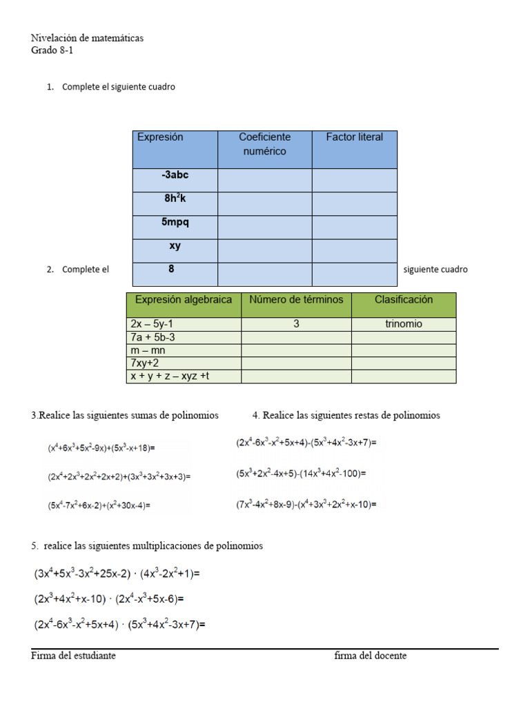 Complete El Siguiente Cuadro | PDF | Polinomio | Objetos matemáticos