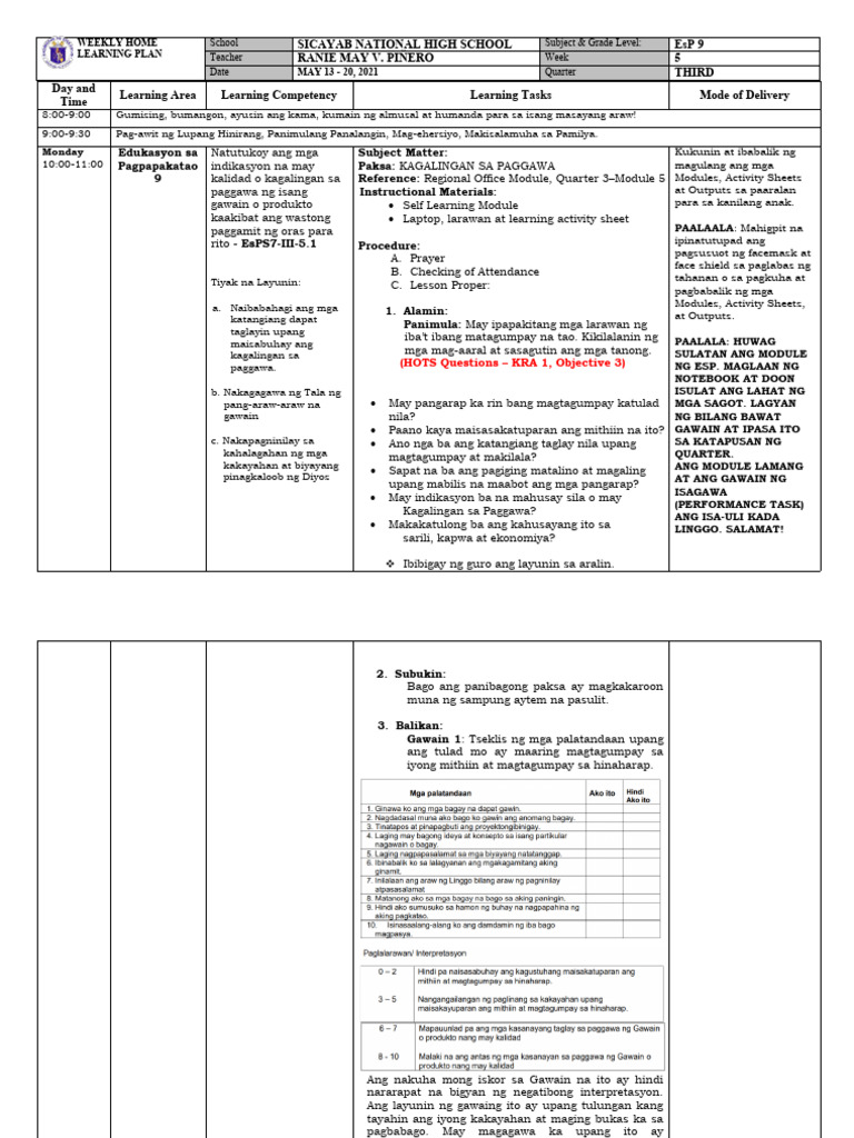 WHLP ESP 9-Week 5-COT 2-Uploaded | PDF