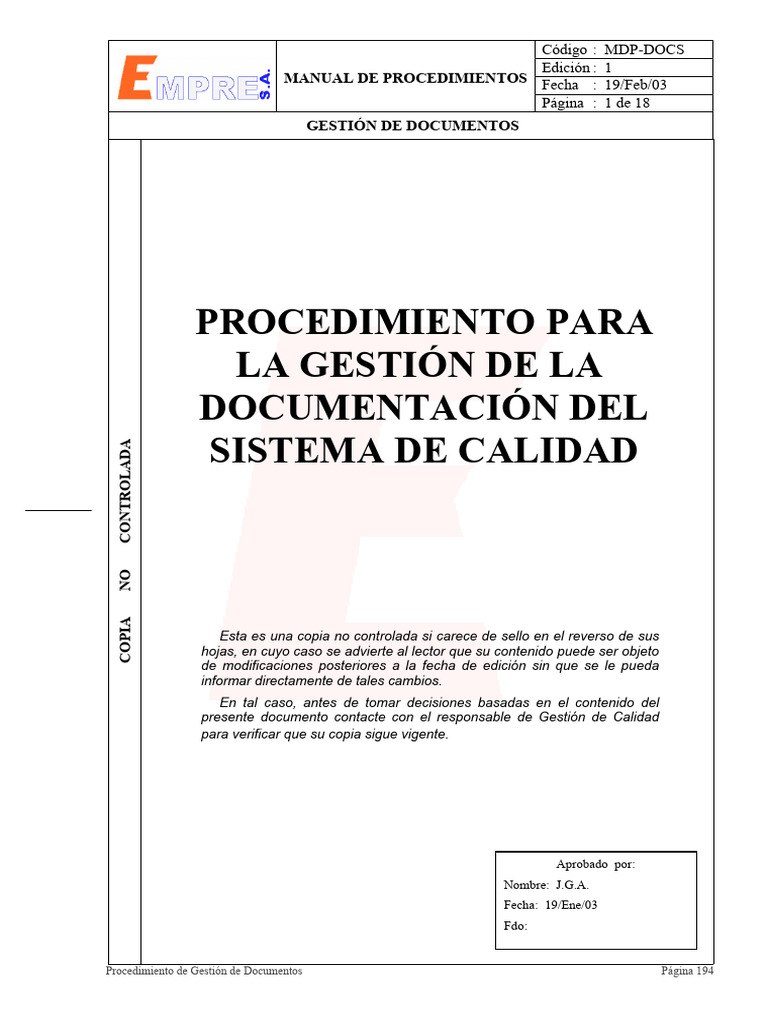 014 Procedimiento Gestion Documentacion Sistema Gestion Calidad | PDF | Sistema de manejo de ...
