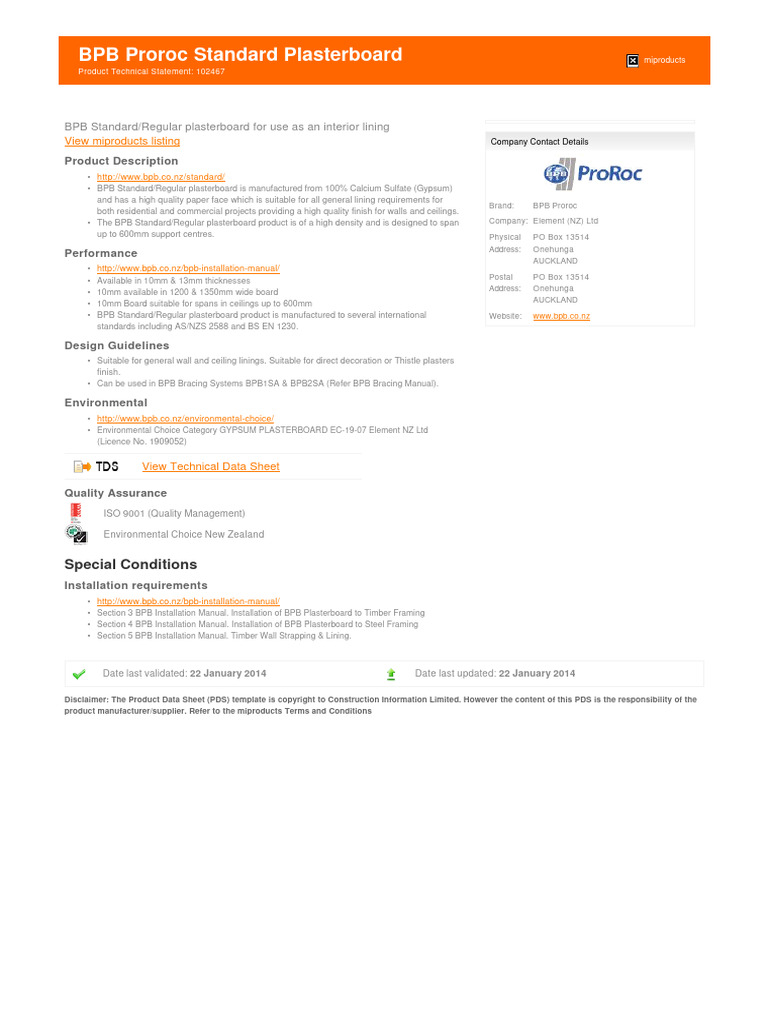 MasterspecPTS - BPB Proroc Standard Plasterboard - 102467 | PDF ...