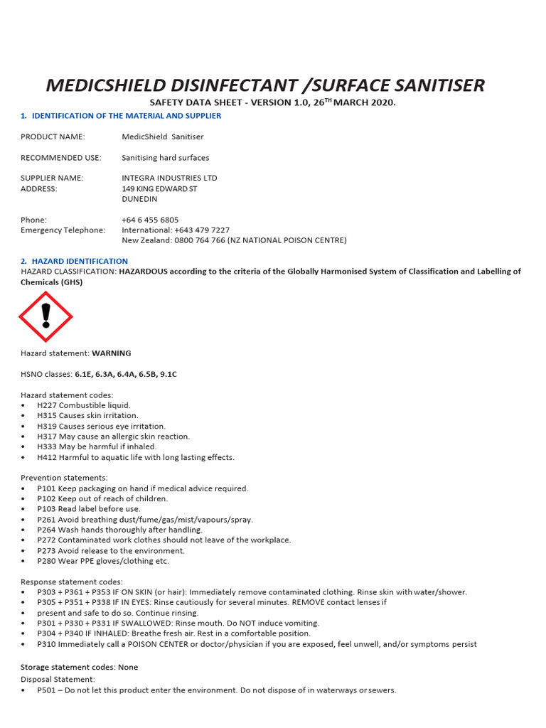 MedicShield SDS Sheet 10 1 | PDF | Materials | Labor Relations