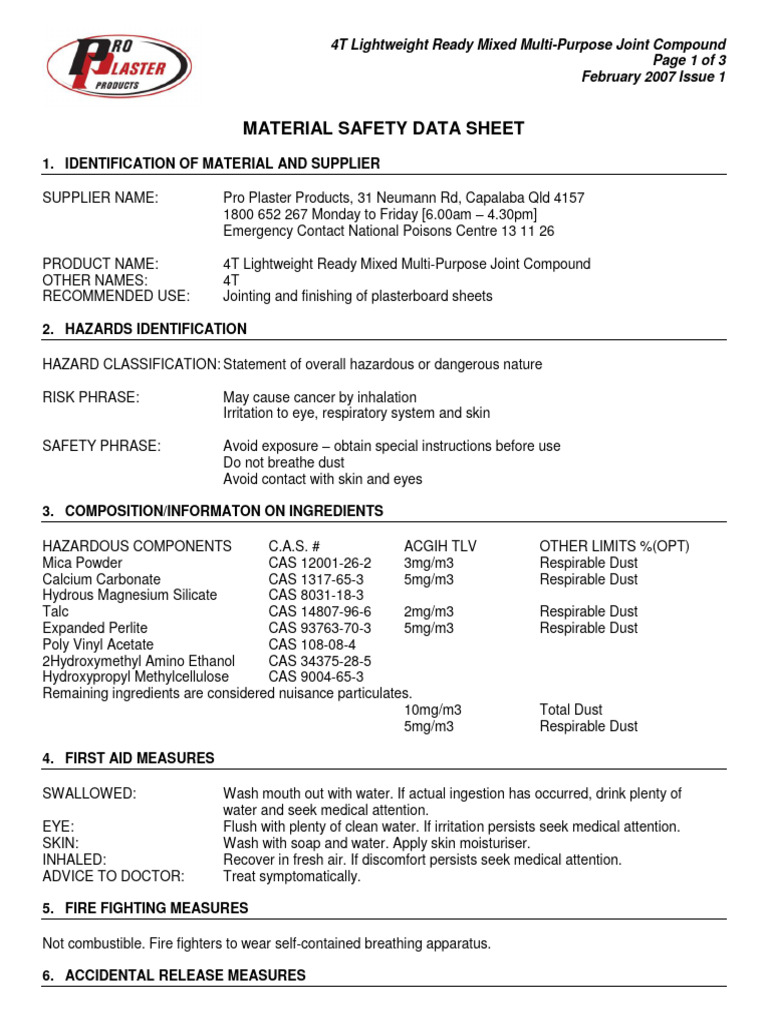 4T ProTop Taping MSDS | PDF | Silicon Dioxide | Bronchitis