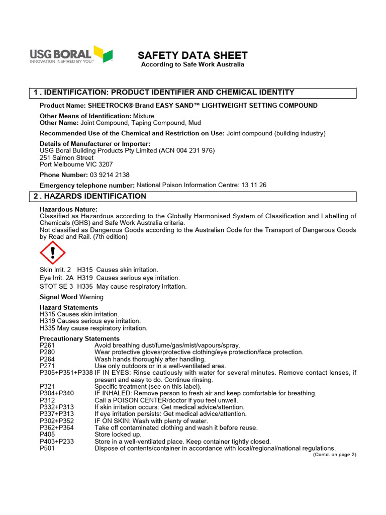 Usgboral - Sheetrock Easy Sand - MSDS | PDF | Oxide | Physical Sciences