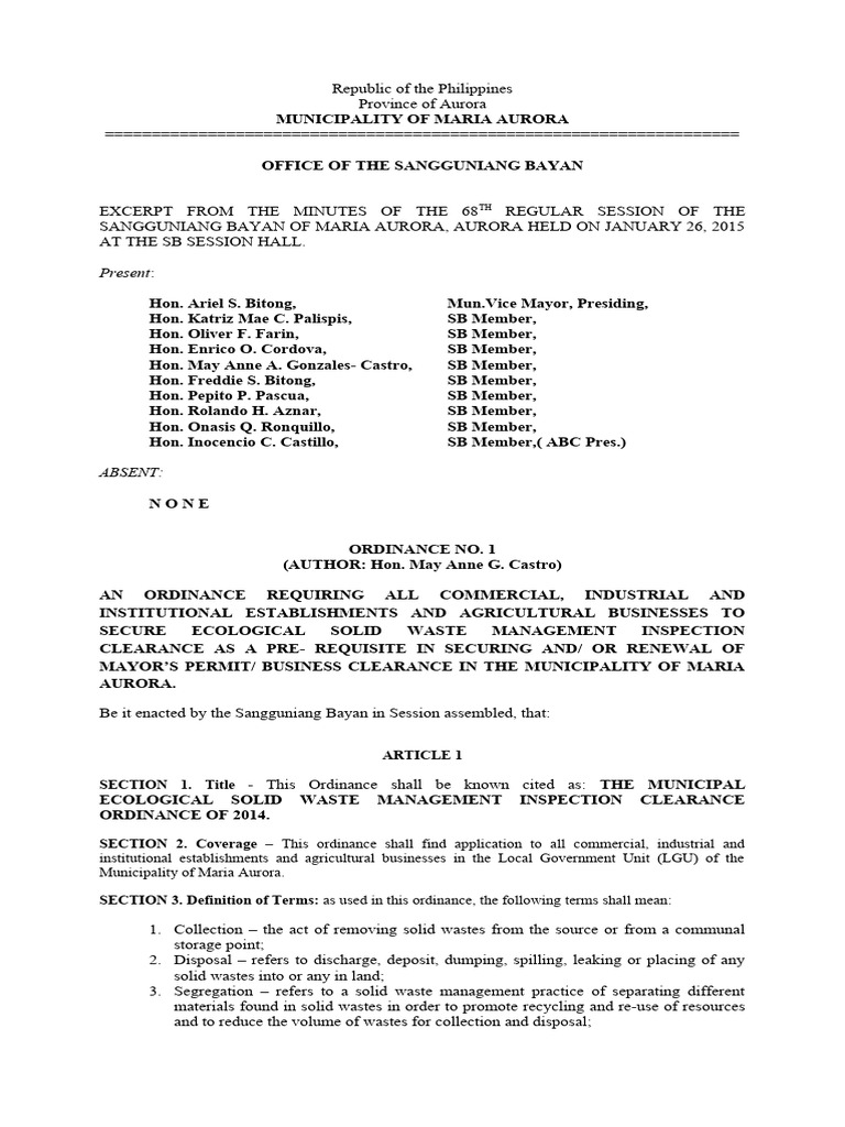 1.ordinance No. 1-SWM Ins. Clearance | PDF | Municipal Solid Waste ...