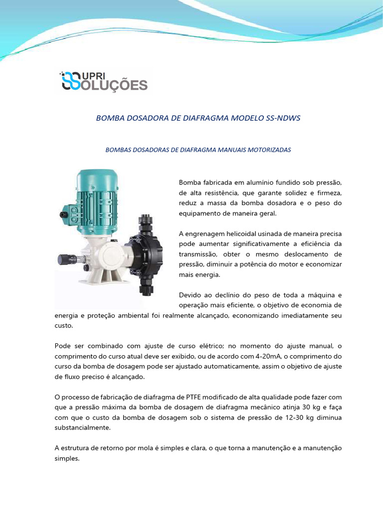 Folha de Dados SS-NDWS Bomba Dosadora | PDF
