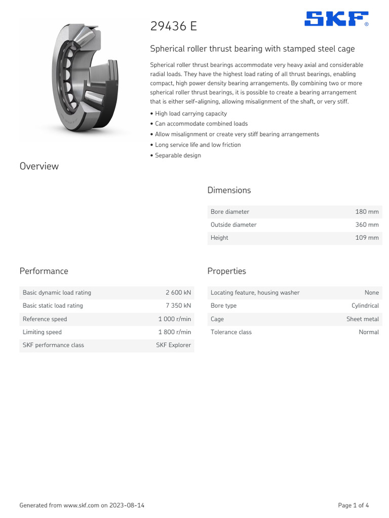 SKF 29436 E Specification | PDF | Bearing (Mechanical) | License