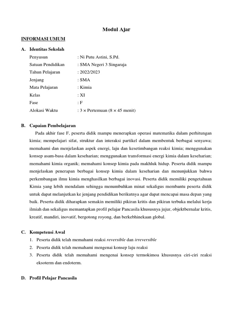 Modul Ajar Kelas XI (Kesetimbangan Kimia) | PDF