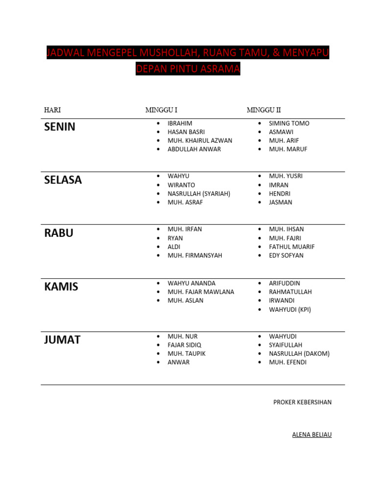 Jadwal Mengepel Mushollah | PDF