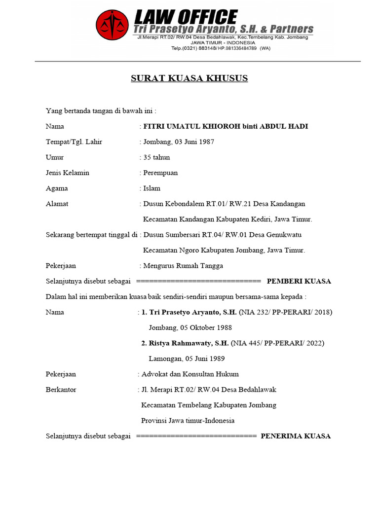 Contoh SURAT KUASA KHUSUS | PDF