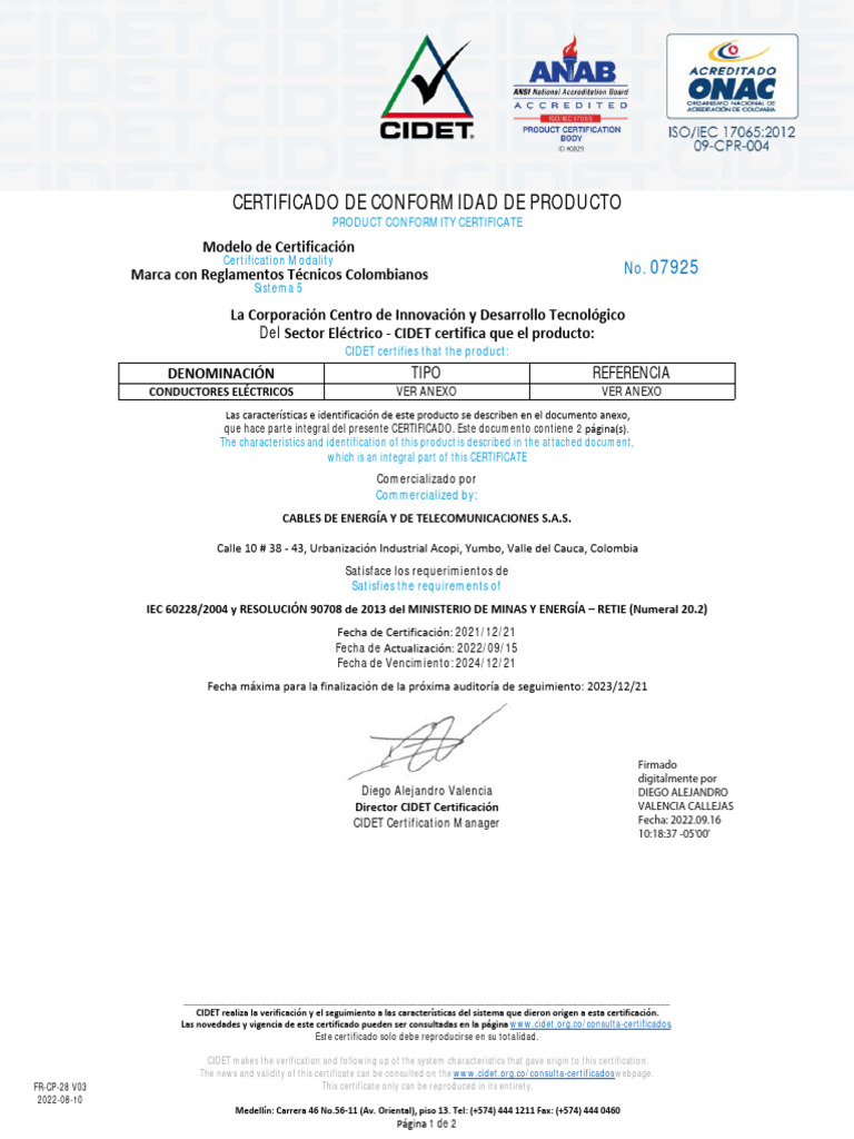 Certificado 07925-Cables de Cobre y Aluminio Desnudo-IEC 60228 | PDF ...