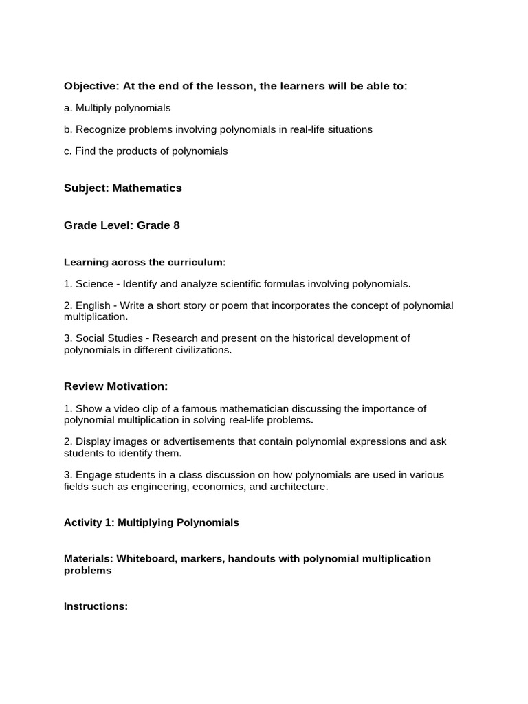 Lesson Plan | PDF | Polynomial | Multiplication
