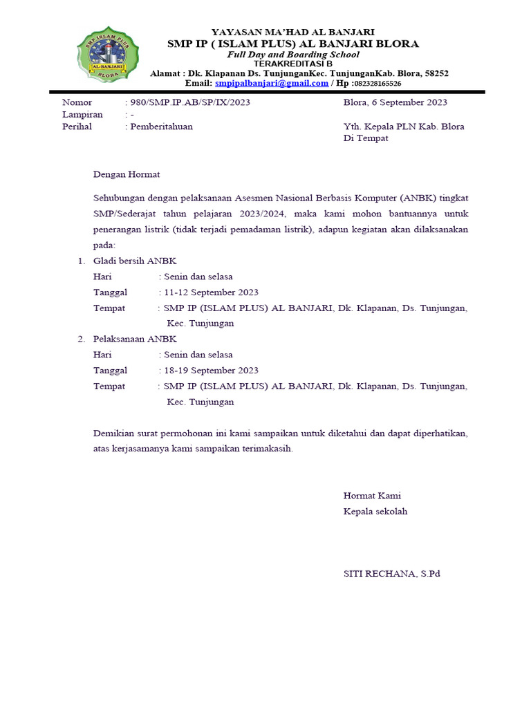 Permohonan Listrik ANBK SMP Al Banjari | PDF