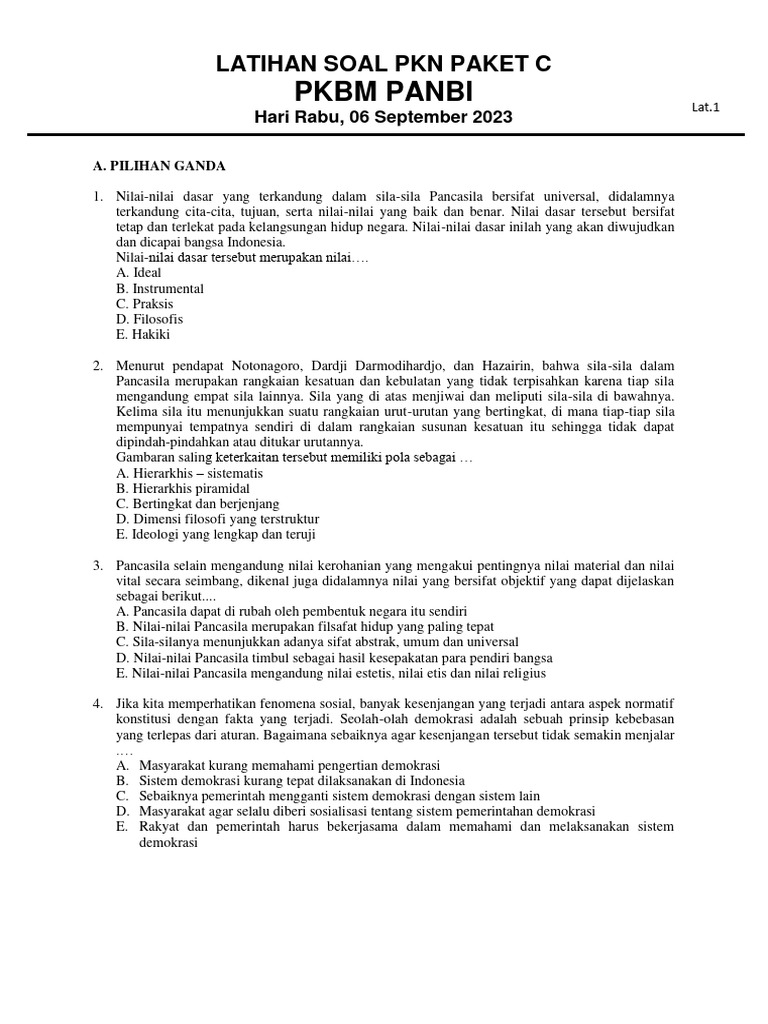 Soal Latihan PJJ PKN Paket C 06092023 | PDF