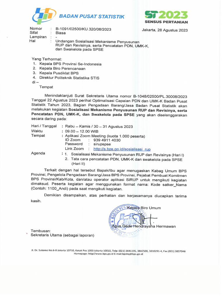 B-1091.02500KU.320.08.2023 Undangan Sosialisasi Kegiatan Sosialisasi Mekanisme Penyusunan RUP ...