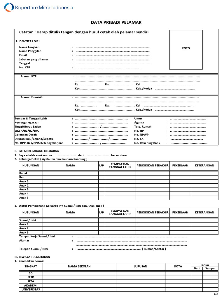 Formulir Data Pribadi Pelamar Kerja | PDF