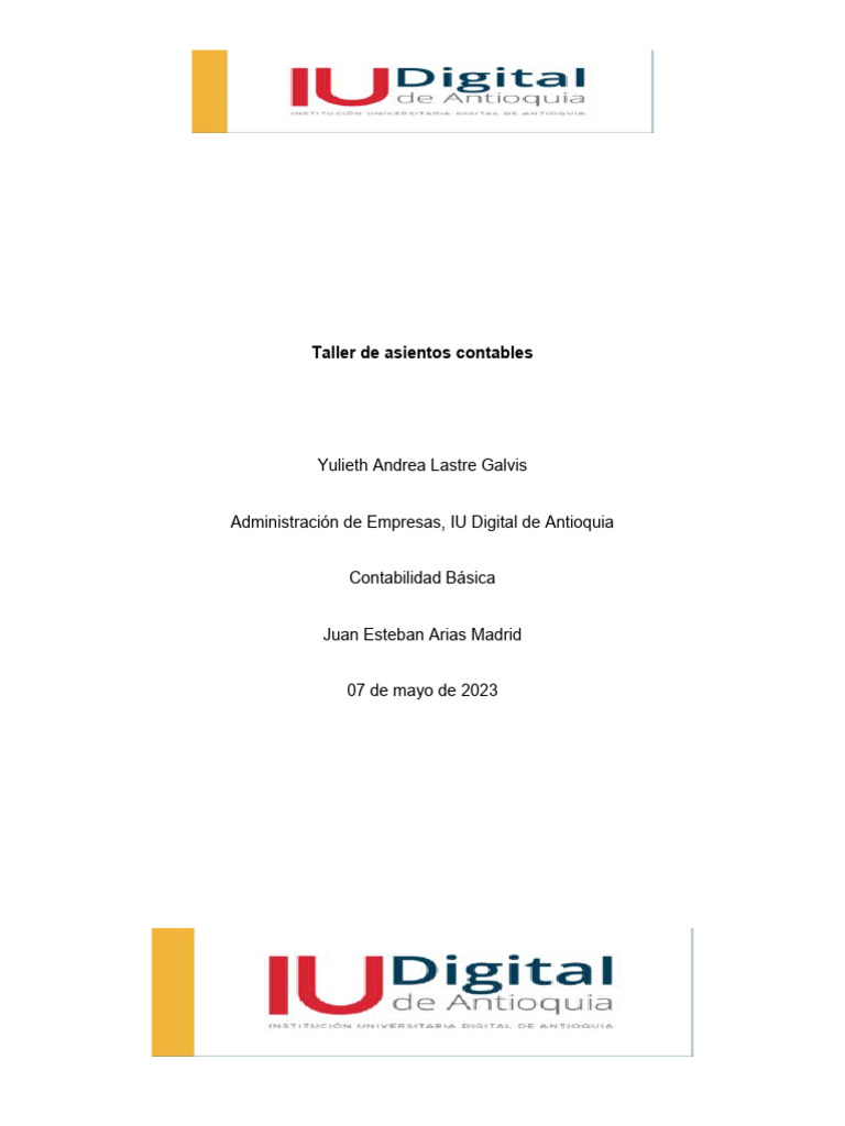 Taller Asientos Contables Iudigital | PDF | Contabilidad | Bancos Taller Asientos Contables Iudigital | PDF | Contabilidad | Bancos