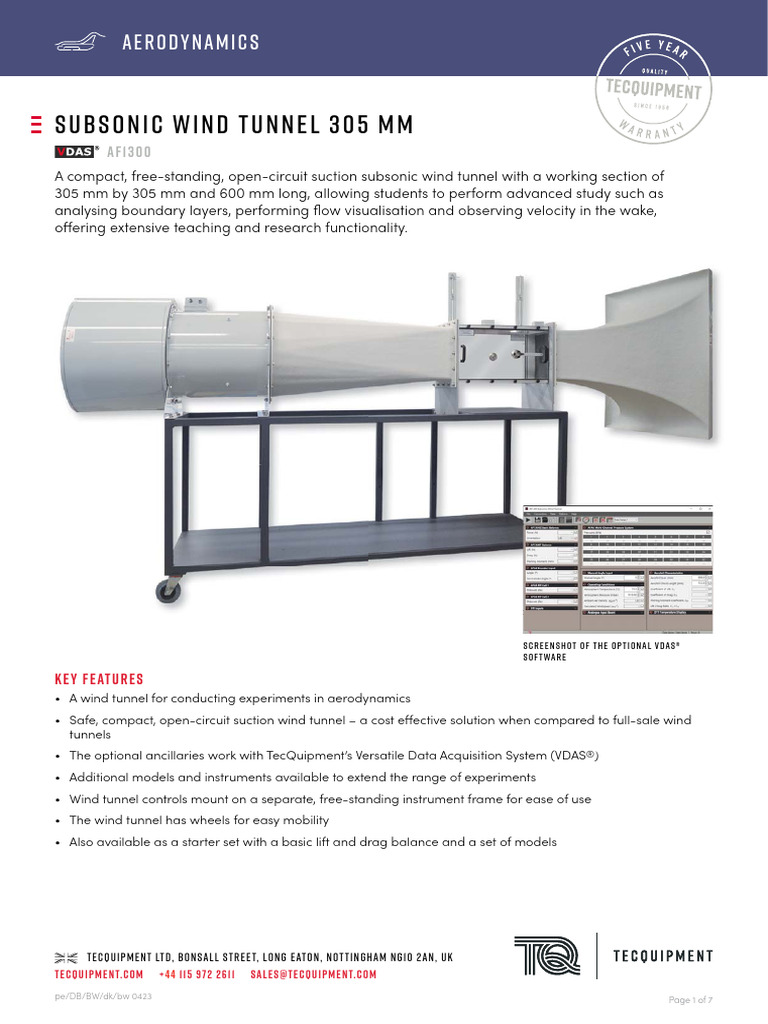 AF1300 Subsonic Wind Tunnel Datasheet | PDF | Pressure Measurement | Airfoil