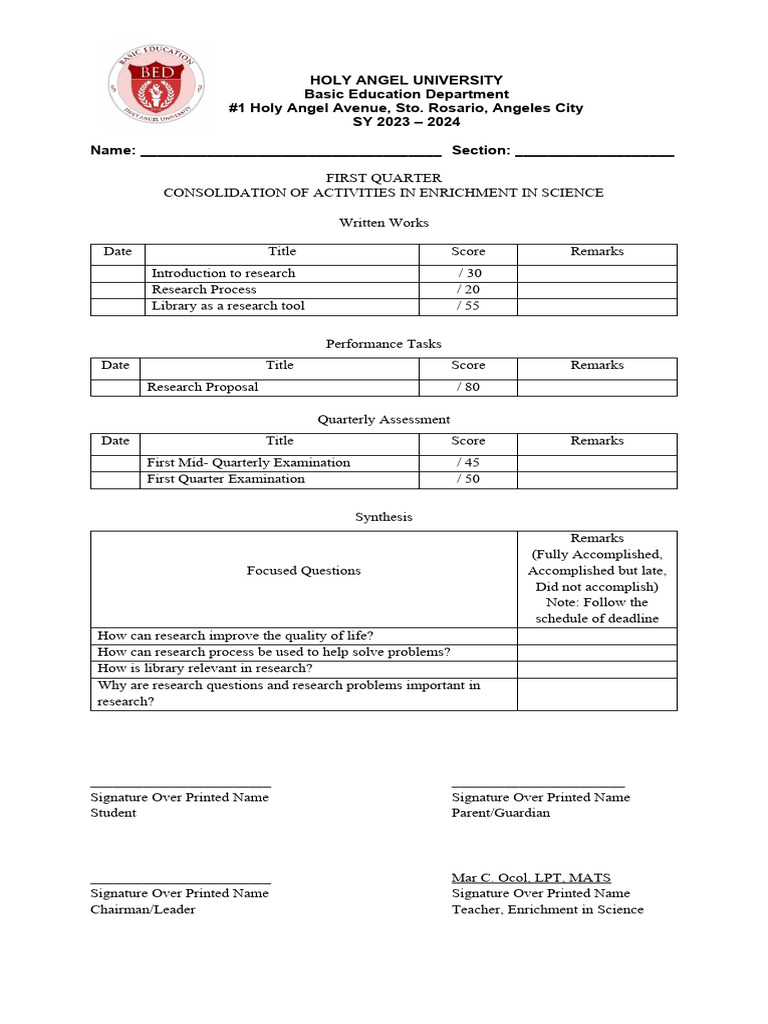 Holy Angel University Basic Education Department #1 Holy Angel Avenue ...