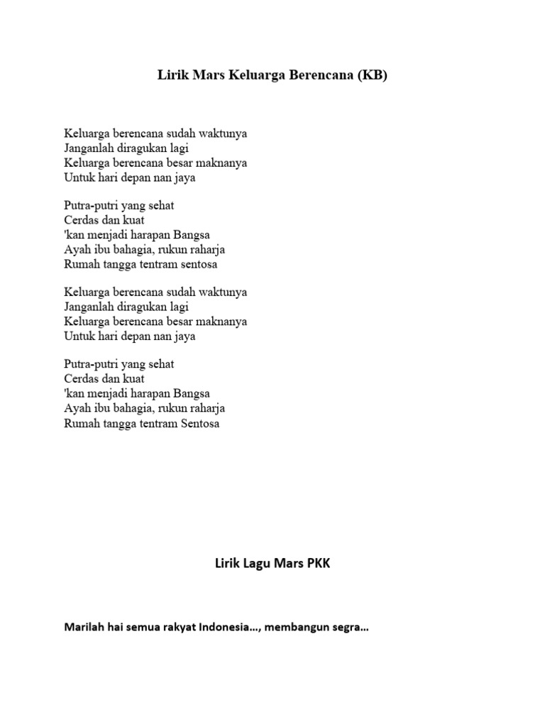 Lirik Mars Keluarga Berencana KB | PDF | Memasak, Makanan, & Anggur