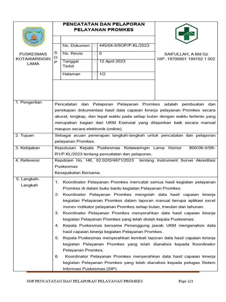 SOP Pencatatan Dan Pelaporan Pelayanan Promkes | PDF