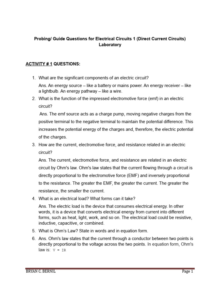 Probing Guide - Questions For Electrical Circuits 1 Lab 1 | Download Free PDF | Electrical ...