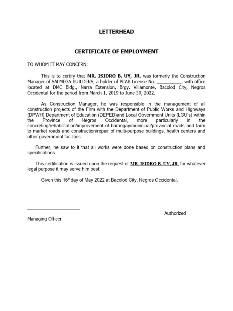 Cerificate of Employment - Weng | PDF