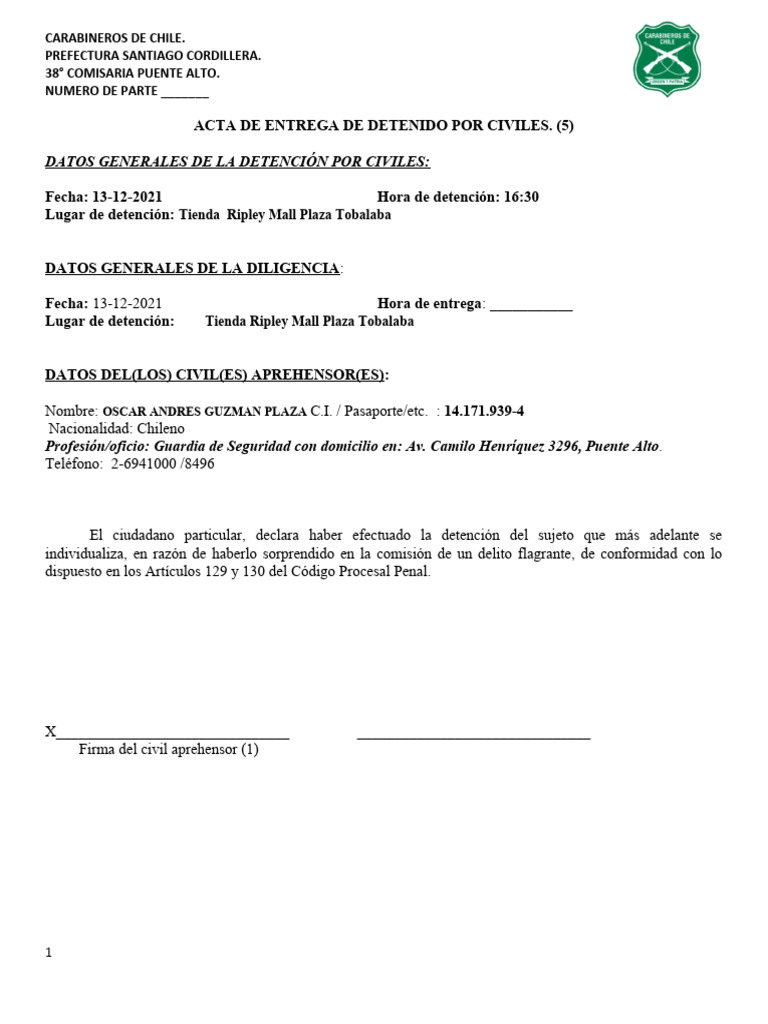 Copia de ACTA DE DETENIDO 12-12-2021 | PDF | Chile | Santiago