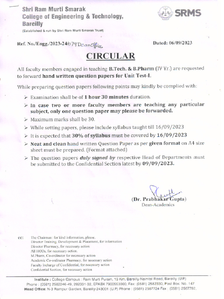 Circular For Hand Written Question Paper Unit Test-1 | PDF