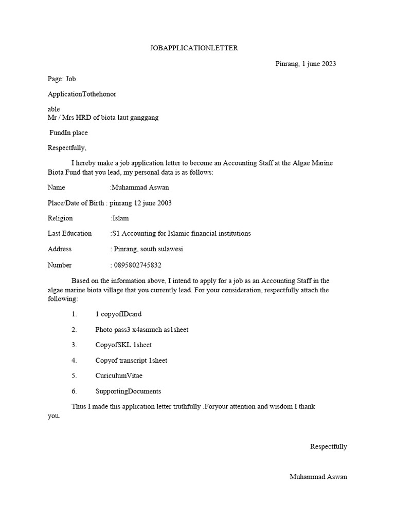 JOB APPLICATION LETTER - Muhammad Aswan | PDF