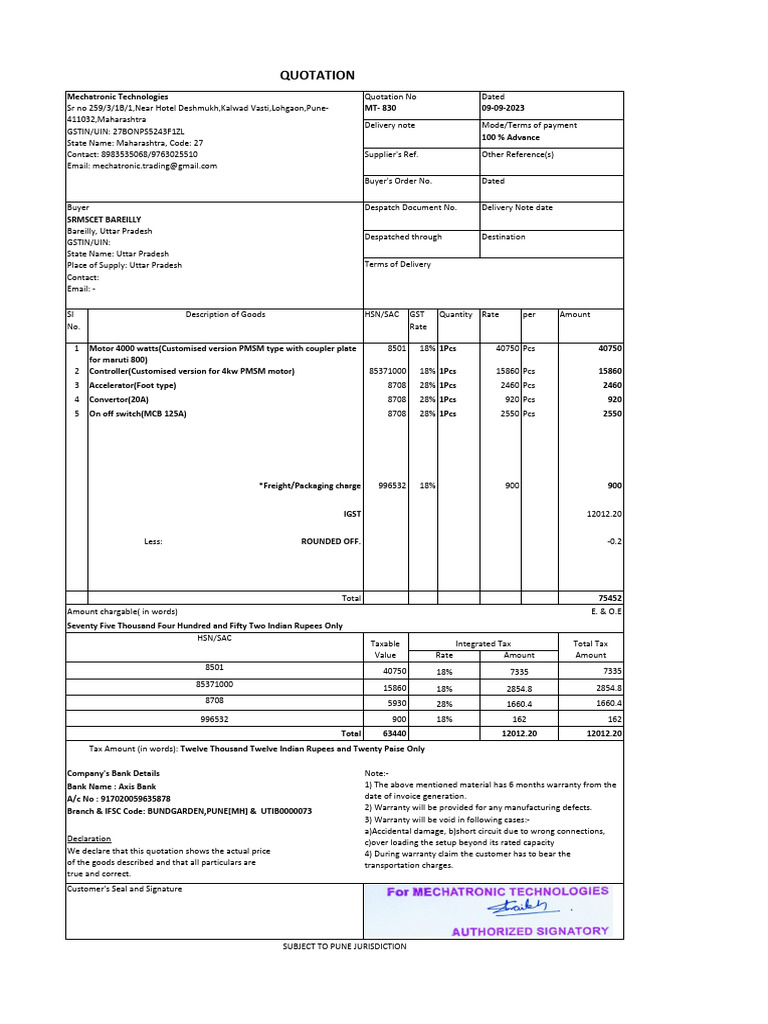 Customized Motor and Controller Quotation | PDF | Economies | Payments