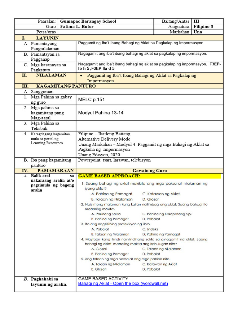 Iba't Ibang Bahagi NG Aklat COT | PDF
