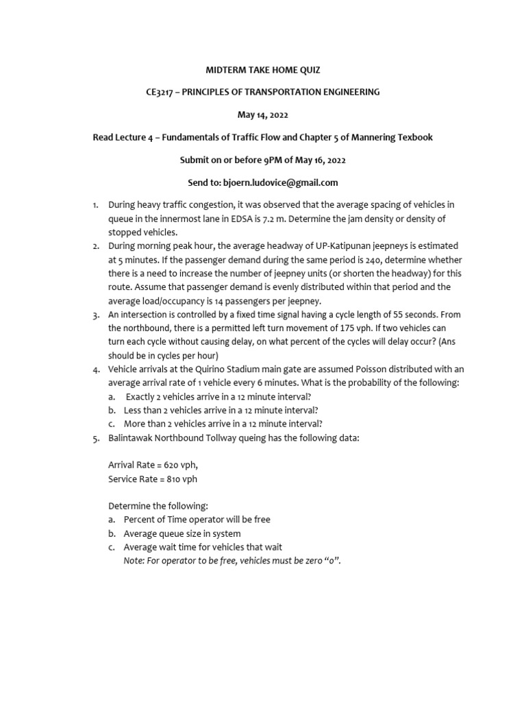 CE3217 - PRINCIPLES OF TRANSPORTATION ENGINEERING - Midterm Take Home Quiz | PDF