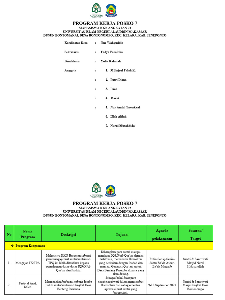 Format Program Kerja KKN 72 Posko 7 | PDF