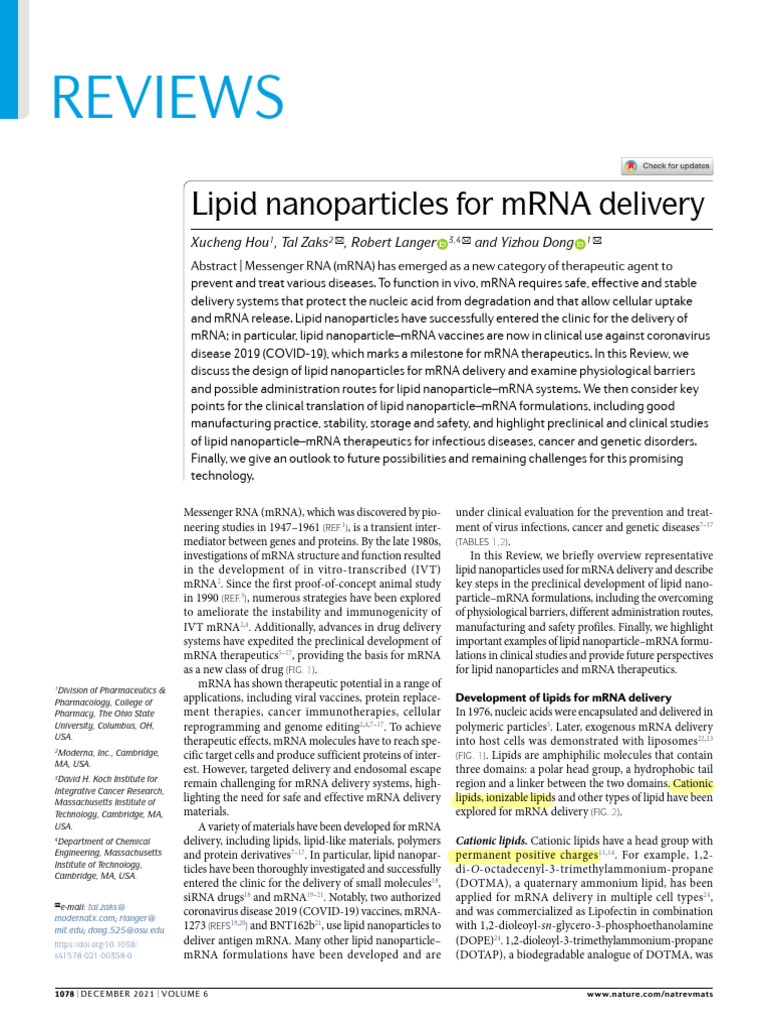 Reviews: Lipid Nanoparticles For mRNA Delivery | PDF | Virus | Medical ...
