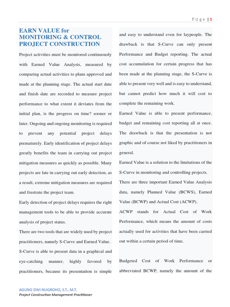 EARN VALUE For MONITORING & CONTROL PROJECT CONSTRUCTION | PDF