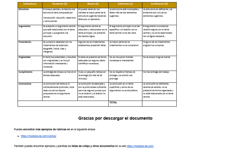 Modelo Rubrica Evaluar Ensayo | PDF | Ensayos
