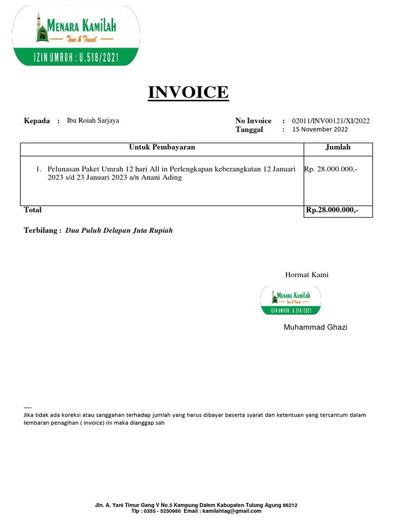 Invoice Umrah Roiah Jan 2023 | PDF