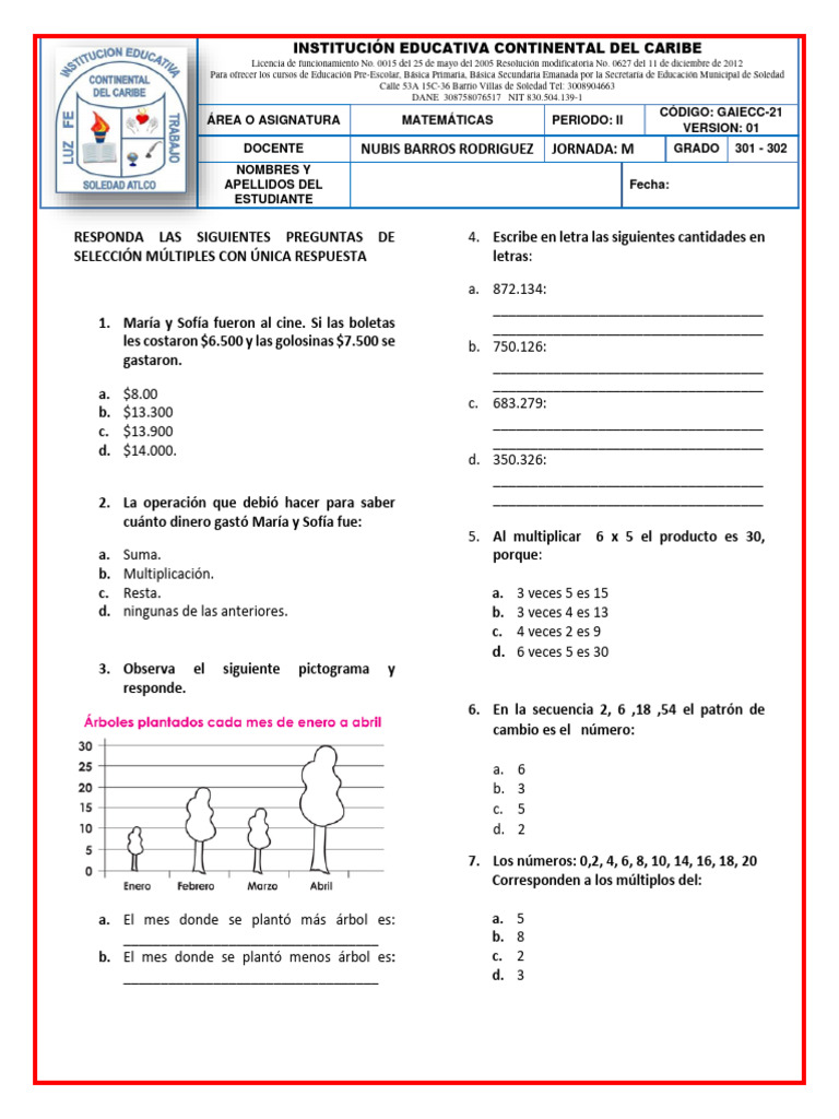 Evaluacion de matematica II periodo 2023 | PDF