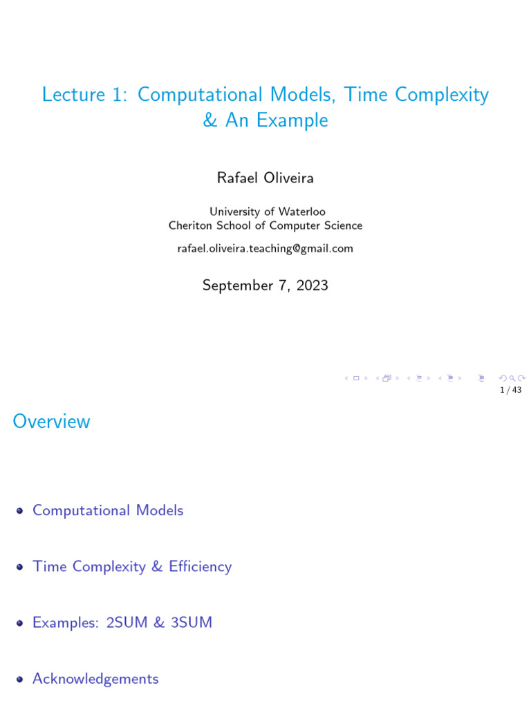 Lecture 1 Computational Models Time Complexity And An Example Pdf Time Complexity