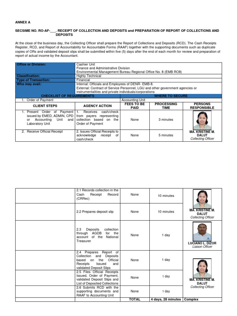 Receipt of Collection and Deposits and Preparation of Report of ...