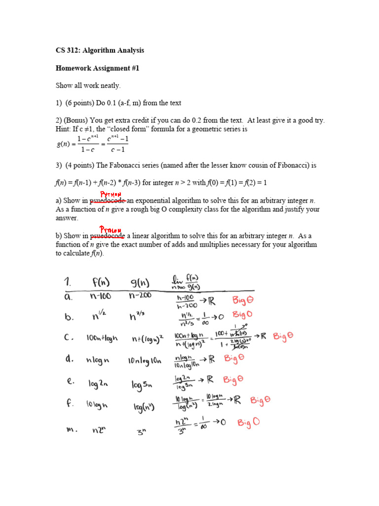 CS 312: Algorithm Analysis Homework Assignment #1: G (N) C C 1 | PDF