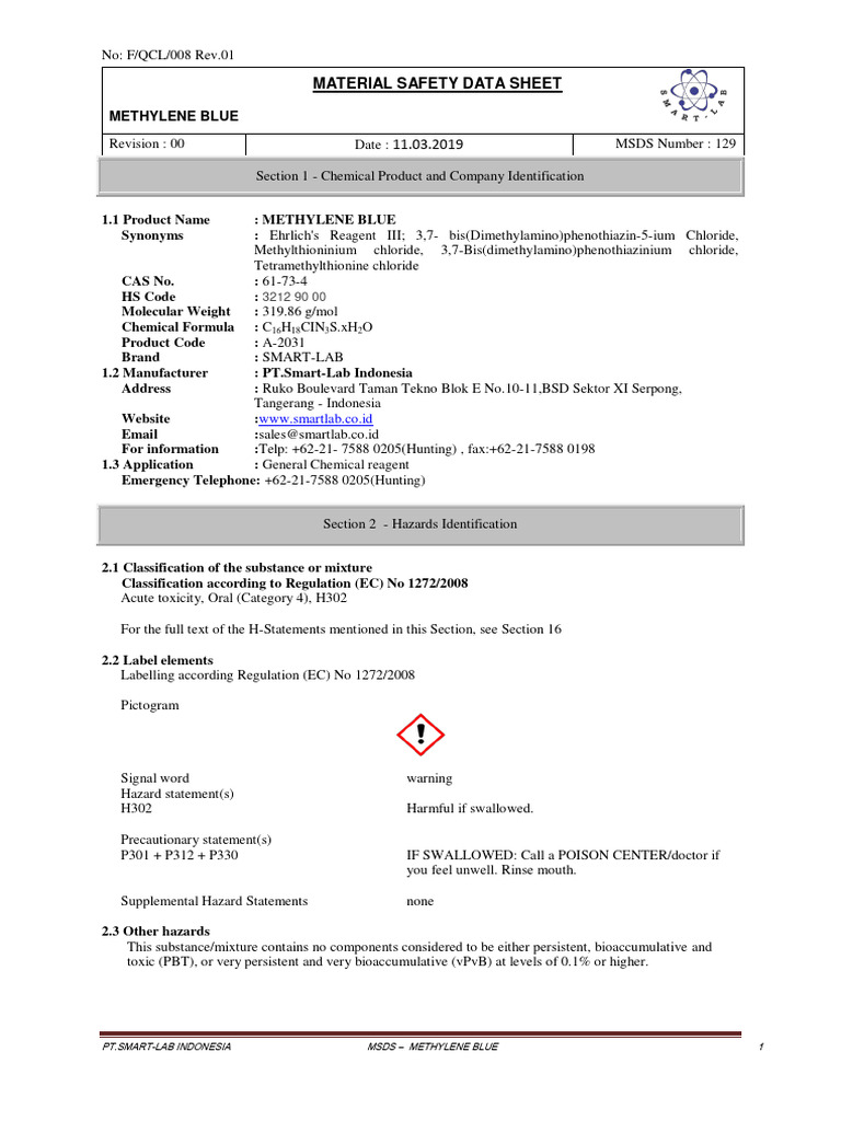 MSDS Methylene Blue | Download Free PDF | Chemical Substances | Materials